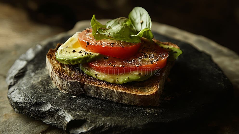 Avocado and Tomato on Toast, Rustic Setting. Stock Photo - Image of ...