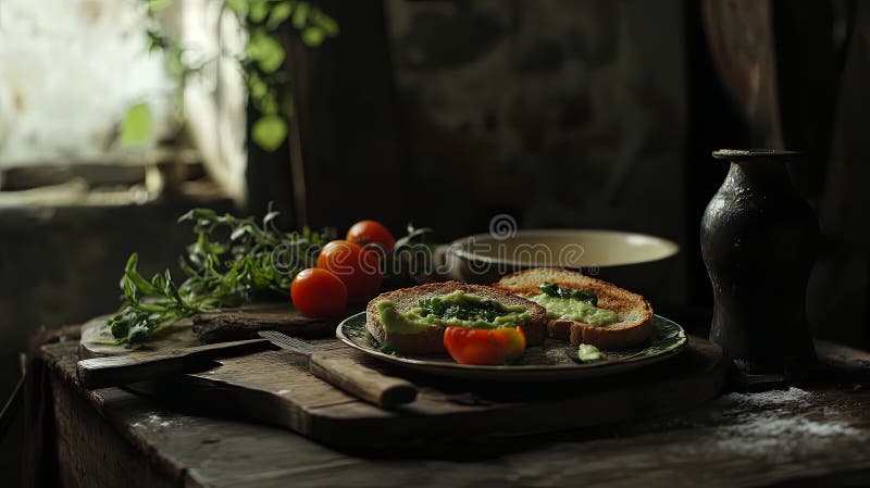 Avocado and Tomato on Toast, Rustic Setting. Stock Photo - Image of ...