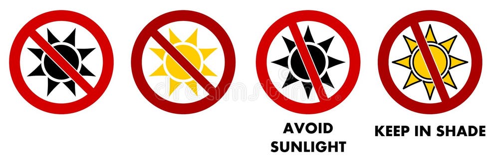 Avoid Sunlight / Keep in Shade Sign. Sun Icon with Red Crossed Circle ...