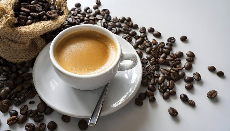 Awakening Aroma. Top-Down View of Steaming Espresso and Coffee Beans ...