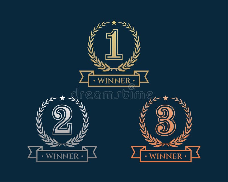 Award Golden, Silver, and Bronze Laurel Wreaths with Ribbons of First ...