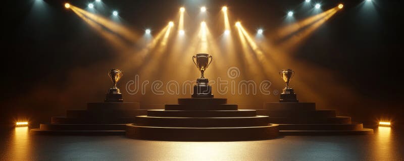 Award Trophies on Podium Under Dramatic Lighting Stock Photo - Image of ...
