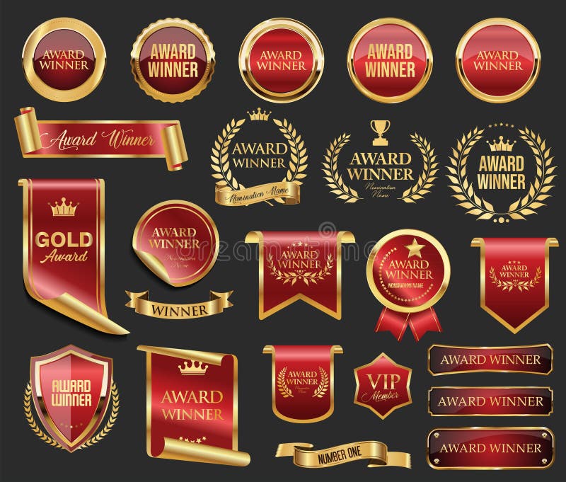 Award Winner, Premium and Gold Award Emblem Red and Gold Isolated on ...