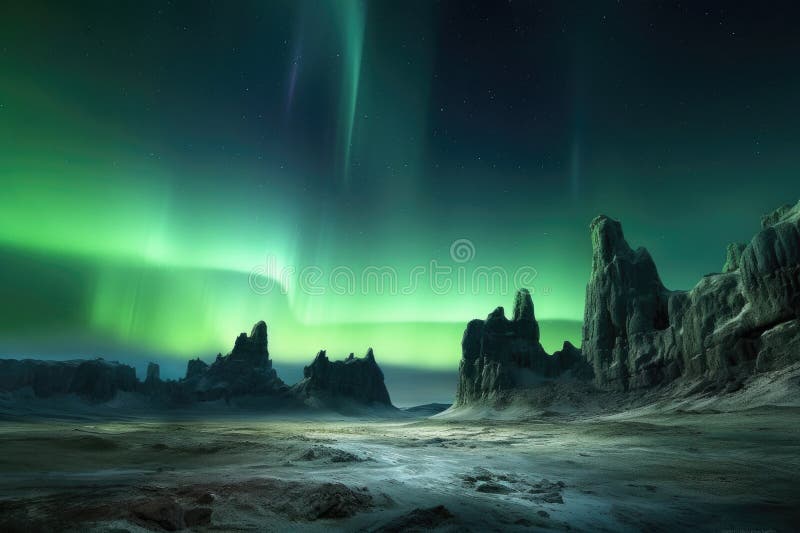 Awe-inspiring Aurora Borealis Display Over a Moonlit Desert Terrain ...