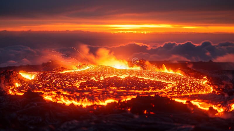 Eruption of a Volcano at Sunset with Orange Lava Flowing Down the ...