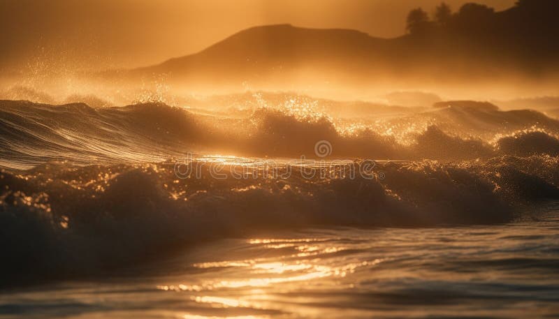 The Awe Inspiring Horizon Over Water, Yellow Sun Backlit, Spraying ...