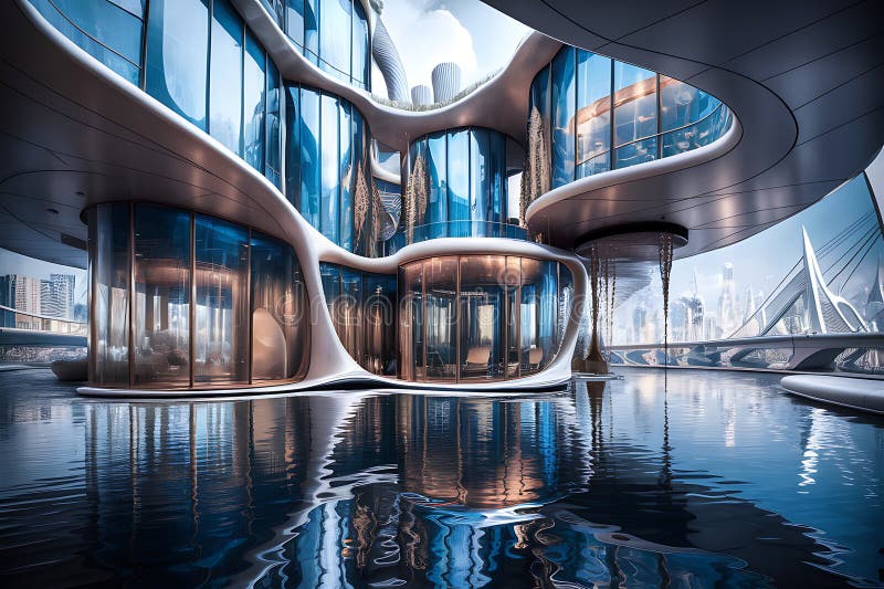 Futuristic Technology Building on Water Stock Illustration ...