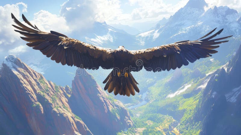 Majestic Eagle Soaring Over Scenic Mountain Range with Lush Green Valleys and Clear Blue Sky ...