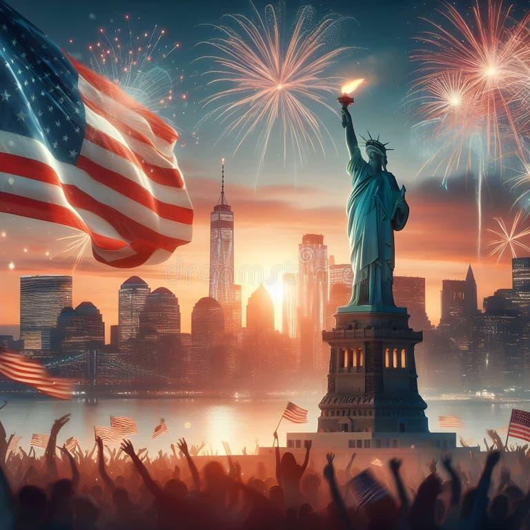 Majestic Statue of Liberty with Fireworks Display Stock Illustration - Illustration of skyline ...