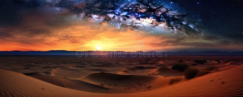Awe-inspiring Panoramic Shot of a Vast Desert Under a Starry Night Sky ... Awe-inspiring Panoramic Shot of a Vast Desert Under a Starry Night Sky ...