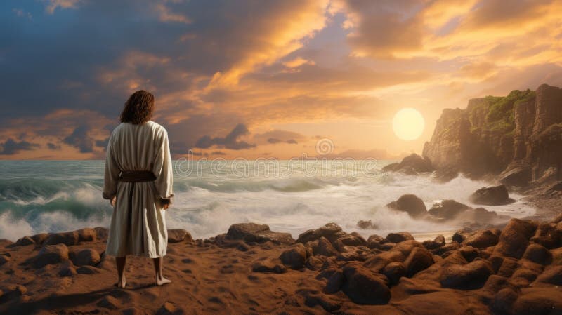 Awe-inspiring Sunset Jesus on the Seashore Stock Illustration ...