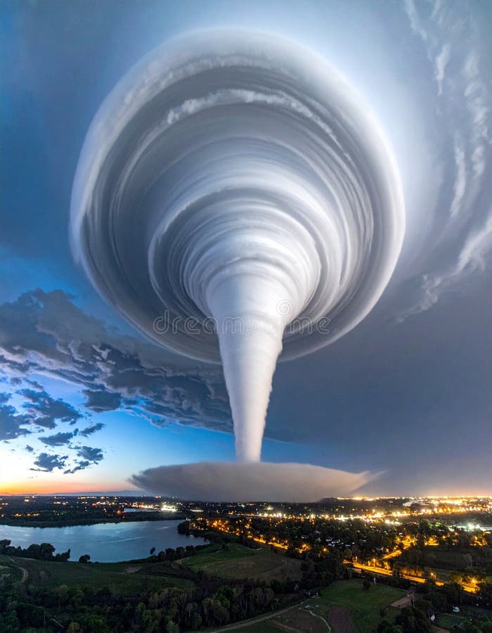 Surreal Supercell Tornado Over a City at Dusk Stock Illustration ...