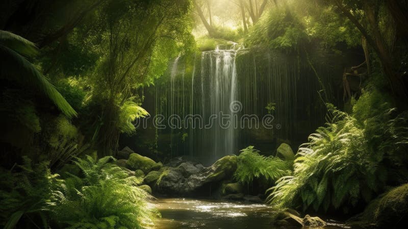 Awe-inspiring Waterfall and Green Foliage. Stock Illustration - Illustration of calming ...