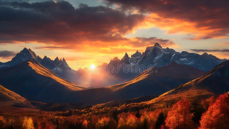 Awesome Autumn Sunset in the Mountains. Stock Illustration ...