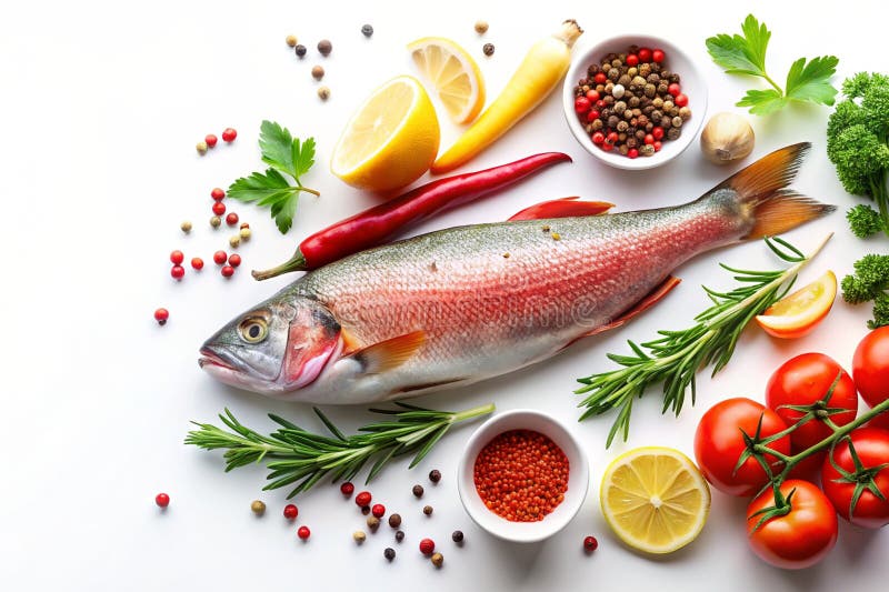 Awesome Cooking Illustration of Fresh Fish with Spices and Vegetables ...