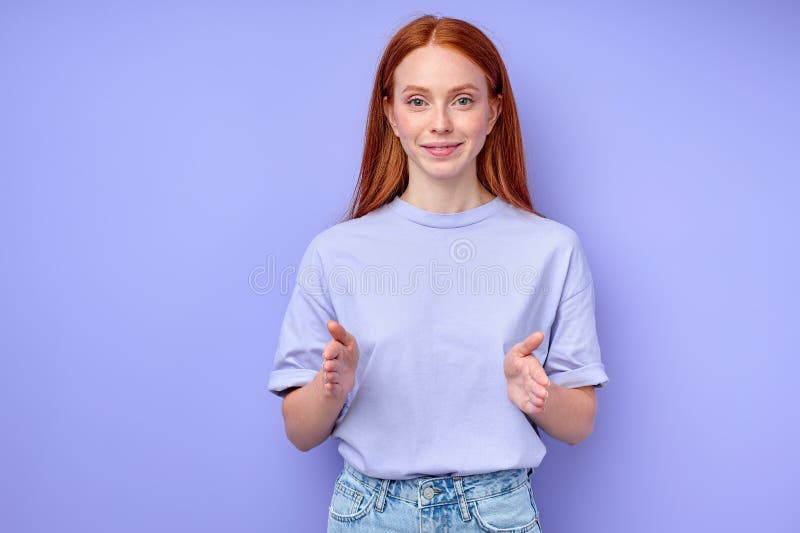 Awesome Ginger Girl Talking with Gestures, Stretching Arms, Looking at ...