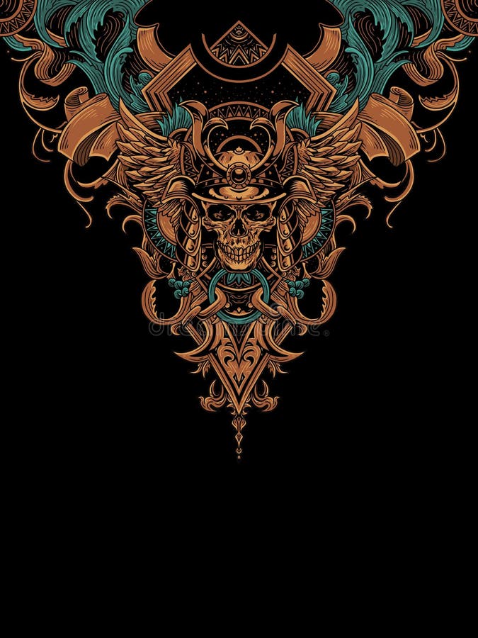 Awesome Illustration Shogun Skull Engraving Stock Illustration ...
