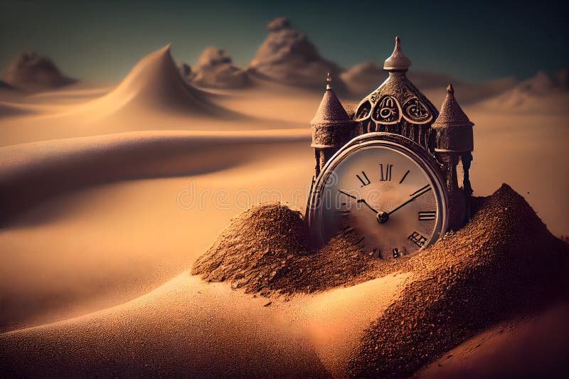 Landscape of Vintage Clock in Desert. Ai Generated Stock Illustration ...