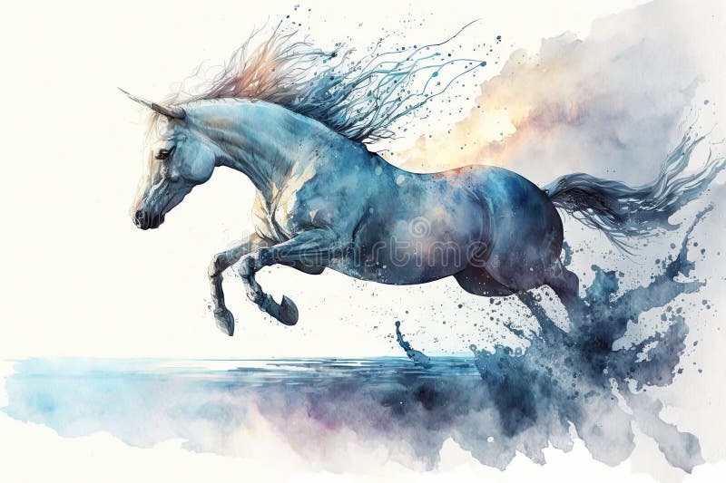 Awesome Unicorn Leaping in the Sky Watercolor Painting Stock ...