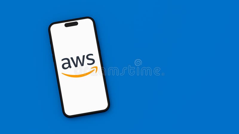 AWS Logo on Mobile Phone Screen on Blue Background with Copy Space ...