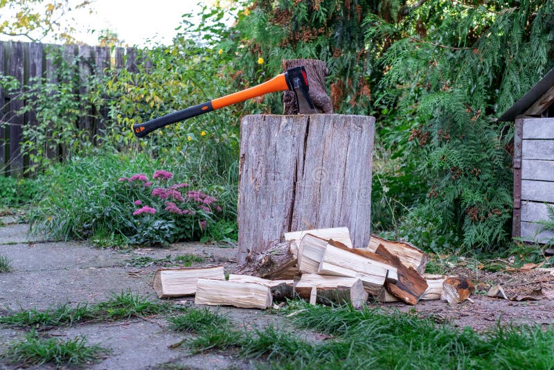 An Ax Inserted in Log in the Backyard. Stock Photo - Image of preparing ...