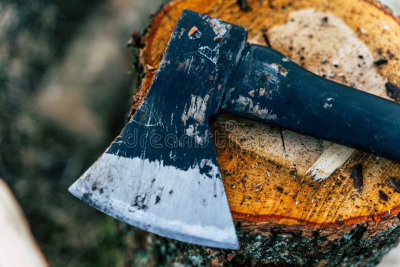 Ax Lying on Amber Log Surface - Close Up Stock Photo - Image of chore ...