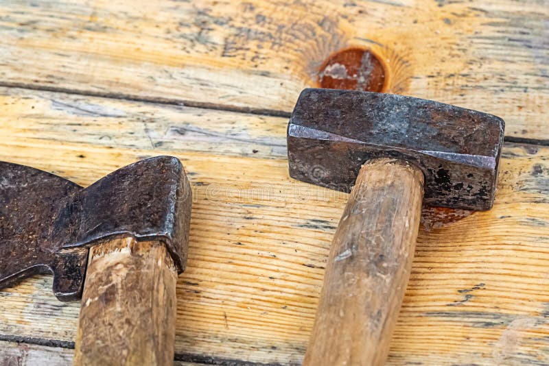 Ax and Old Rusty Hammer Traditional and Main Tool in Construction Stock ...