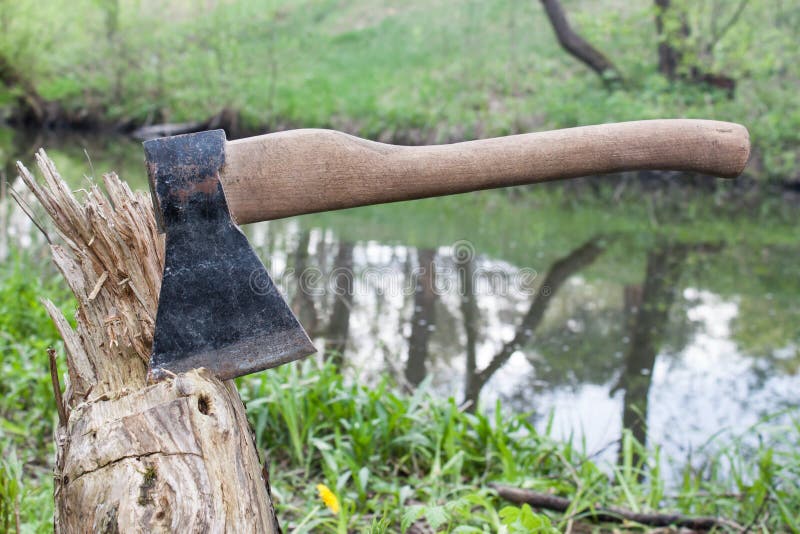 Ax Stuck in Wood Log Snow Winter Stock Image - Image of sharp, work ...