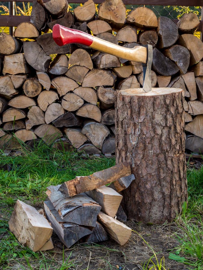 Chopping Block, Ax, and Split Wood Stock Image - Image of burn, rustic ...