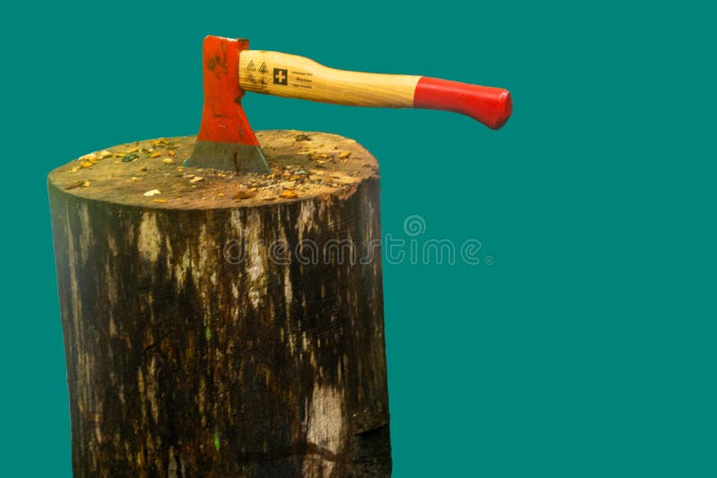 Axe on Chopping Block Isolated?on a Green Background Stock Photo ...