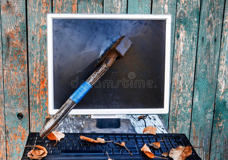Axe in the Computer Monitor Stock Photo - Image of monitor, outside ...