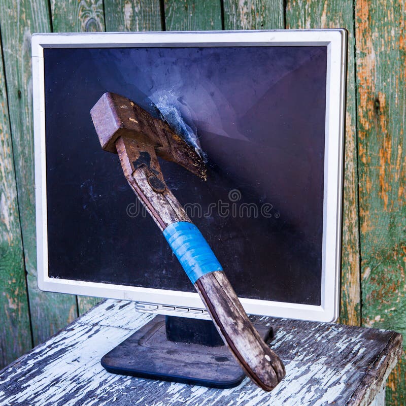 Axe in the Computer Monitor Stock Photo - Image of ruined, kill: 170575728
