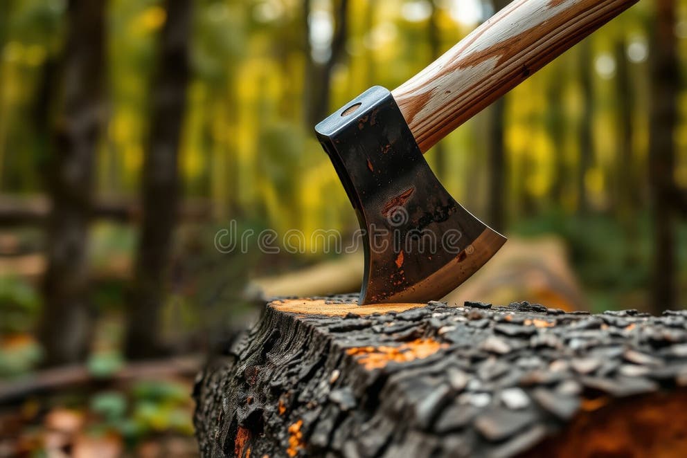 Axe Embedded in a Tree Stump during Autumn in a Forest Setting. Ax ...