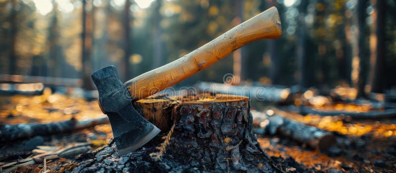 Axe Embedded in Tree Stump in Forest Stock Image - Image of forestry ...