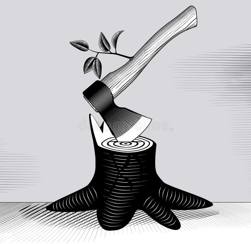 An Axe with a Growing Branch from the Handle Embedded in the Stump of a ...