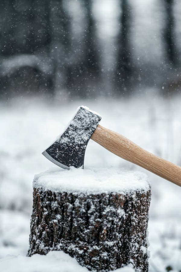 An Axe Resting on a Snowy Log during a Tranquil Winter Snowfall in a ...