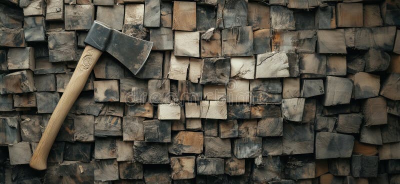 Axe Resting on Stacked Firewood, Highlighting the Wood Texture and ...