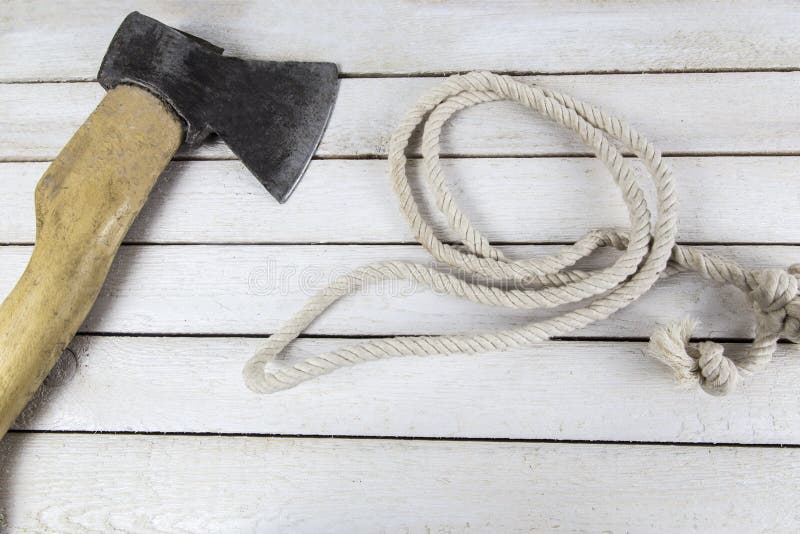 Axe and rope on wood stock photo. Image of block, wooden - 41817064