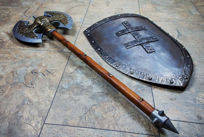 Axe with shield stock image. Image of warrior, view, barbarian - 66781597