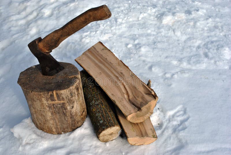 Axe Splitter and Split Logs on the Snow Stock Image - Image of chop ...