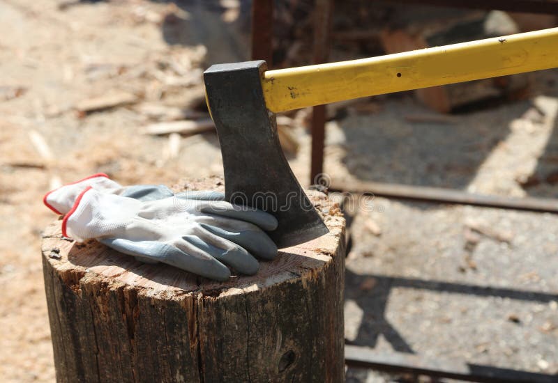 Axe Stuck in a Log and the Work Gloves of a Lumberjack during a Labor ...