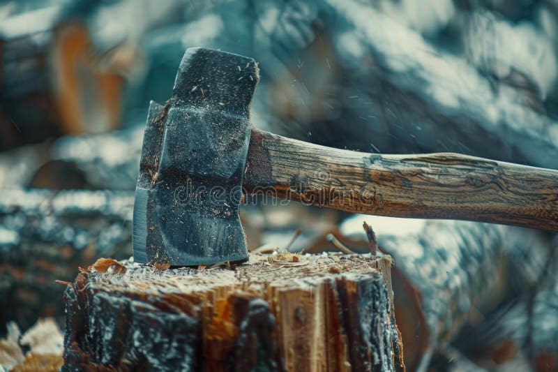 An Axe Stuck in a Tree Stump, Suitable for Outdoor Themes Stock Photo ...
