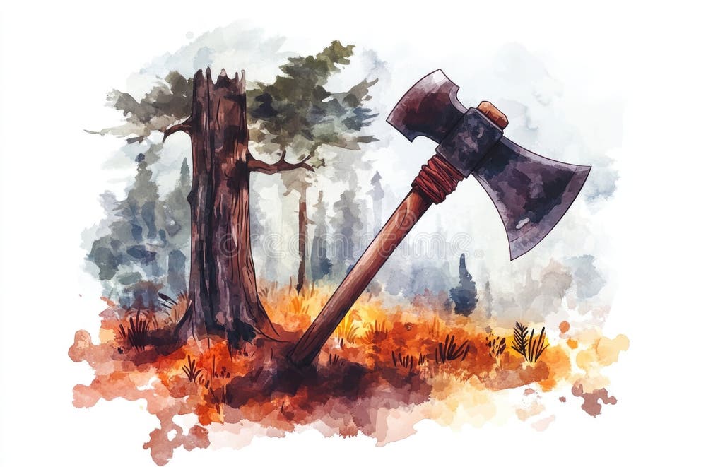 An Axe Stuck in the Trunk of a Tree with Overgrown Foliage Stock Image ...