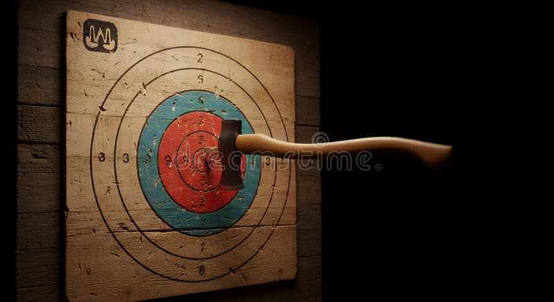 Axe Throwing at Wooden Target in Bullseye on a Dark Background Stock ...
