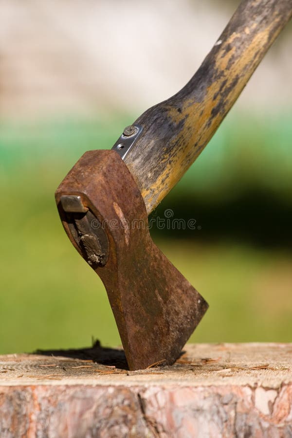 Axe into the tree stump stock photo. Image of bench, chop - 16425130