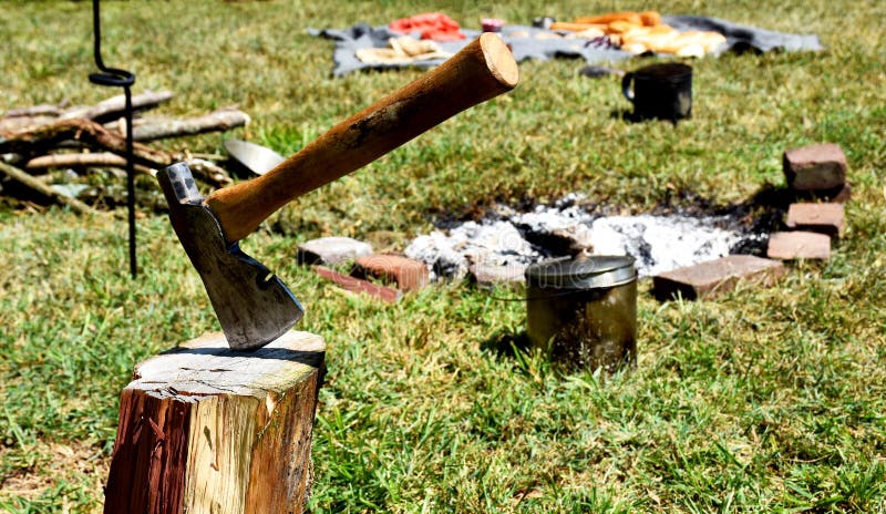 Axe in a tree stump stock image. Image of camp, horizontal - 158211027