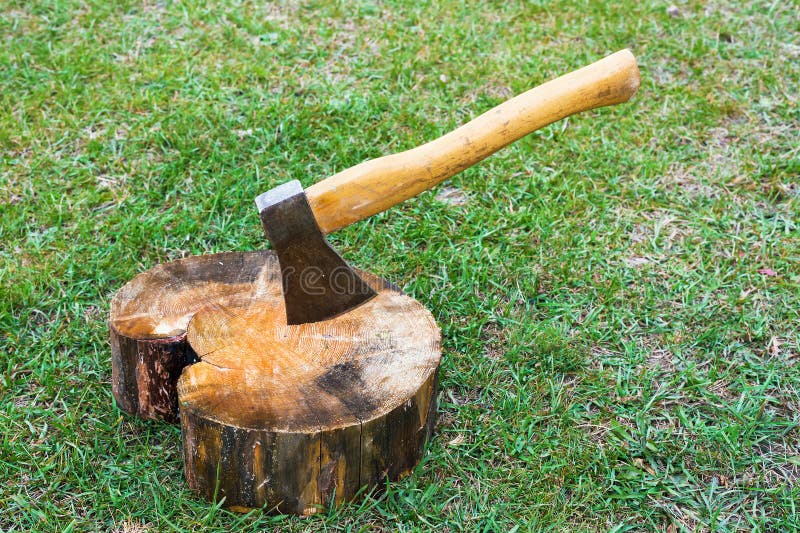 Axe and a wooden chock stock photo. Image of grass, stump - 80041560