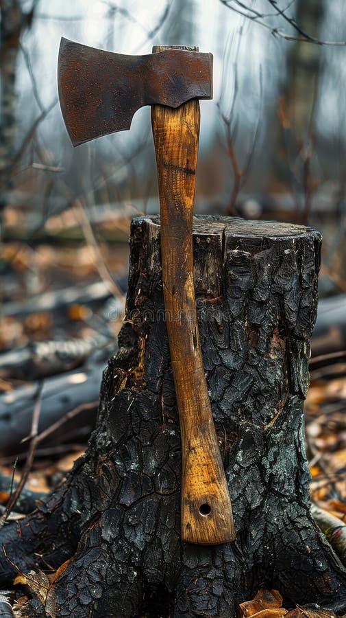 Axe with Wooden Handle Embedded in Tree Stump after Chopping in a ...