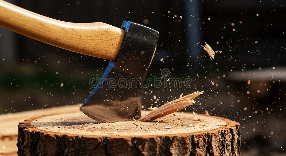 An Axe with a Wooden Handle is Embedded in a Tree Stump, Splitting Wood ...