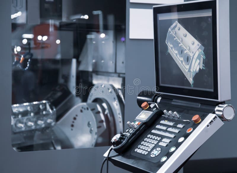 Control Panel of 5-axis CNC Milling Machine Cutting Automotive Engine Part Stock Photo - Image ...